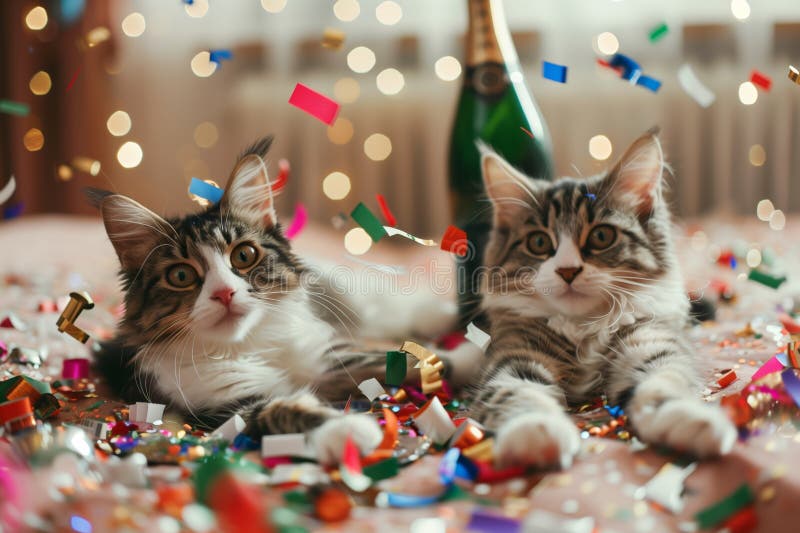 Cats Playing with Confetti Streamers Stock Photo - Image of indoor ...