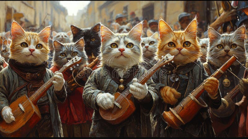 Cats Playing String Instruments in a Lively Street Band Stock Image ...