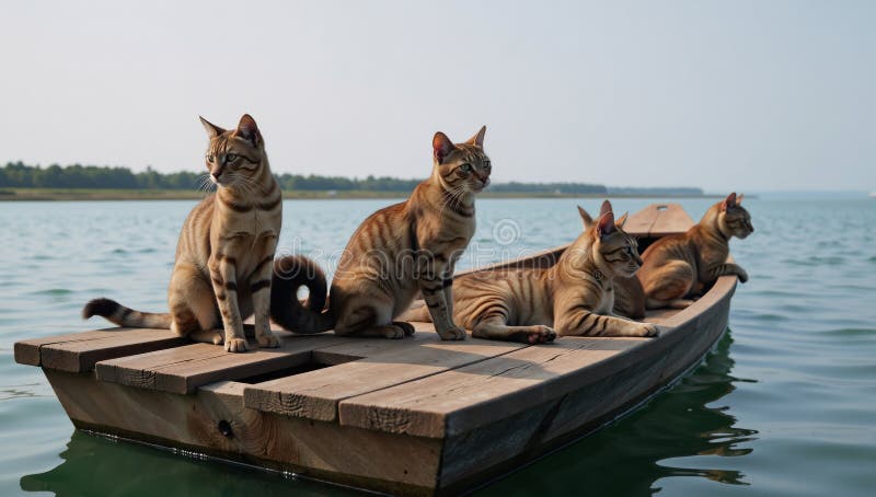 Cats on a Raft Sailing through Waters Stock Illustration - Illustration ...
