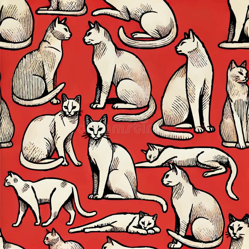 Cats on Red Print Design in Vector Stock Illustration - Illustration of ...