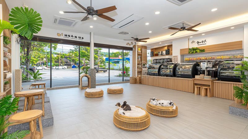 Cats Relaxing Cafe, Tropical View, Modern Design, Retail Stock Photo ...