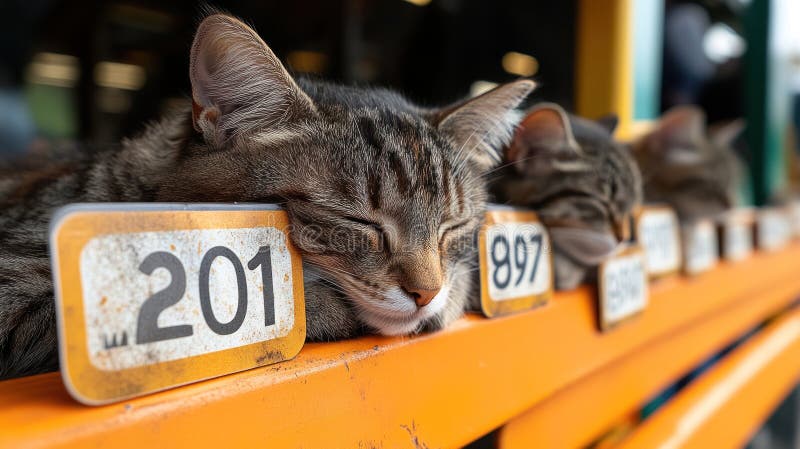 Cats Resting on a Bench with Numbered Tags, Showcasing a Cozy ...