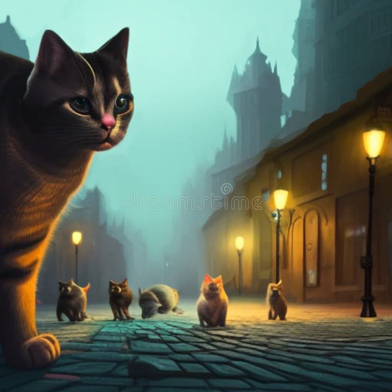 Cats Roaming Streets at Night Stock Illustration - Illustration of ...