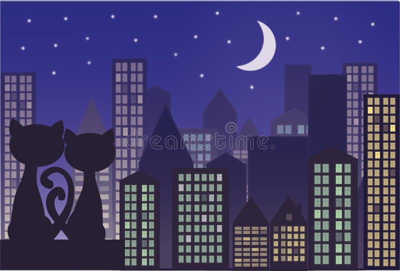 Cats on the Roof of the City Stock Illustration - Illustration of ...