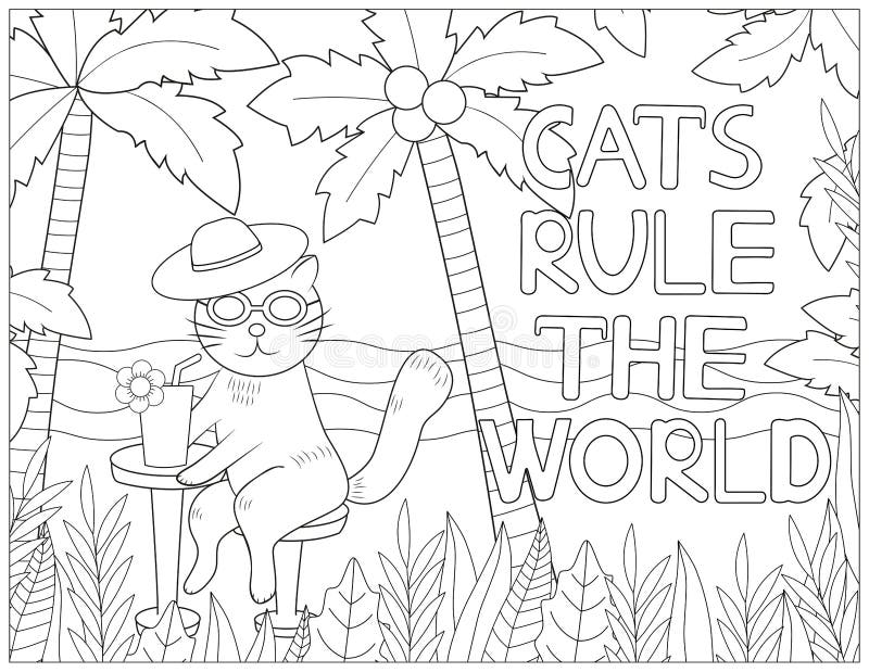Cats Rule the World. Cat Coloring Page Stock Vector - Illustration of ...