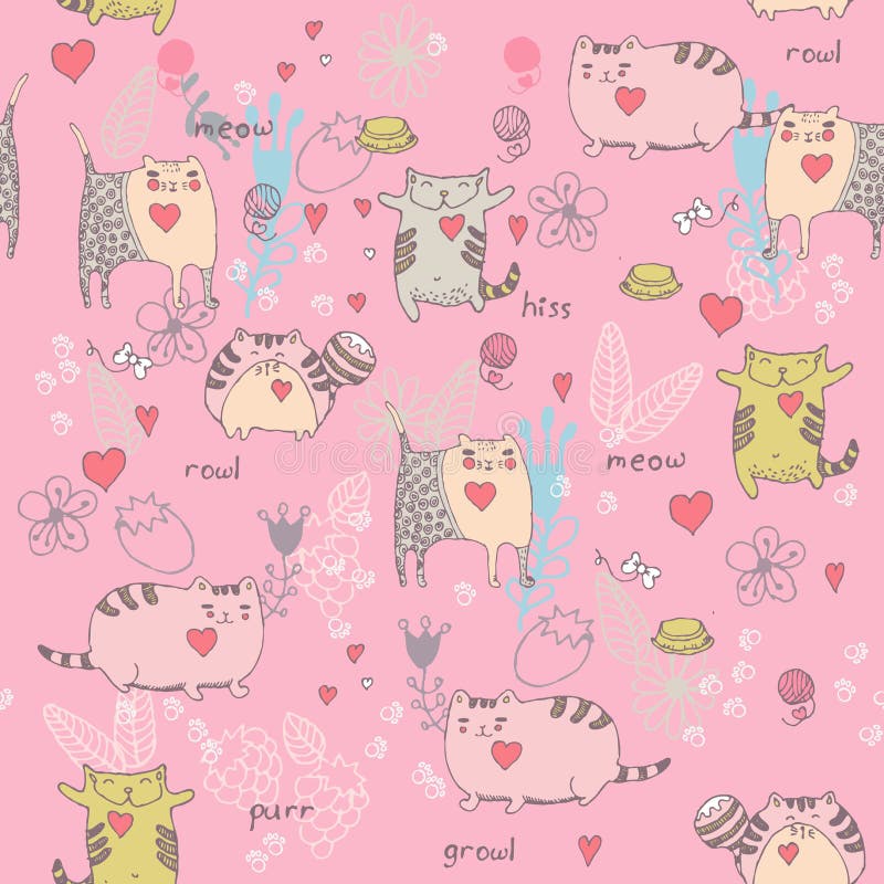 Cats Seamless Pattern in Doodle Style. Stock Vector - Illustration of ...