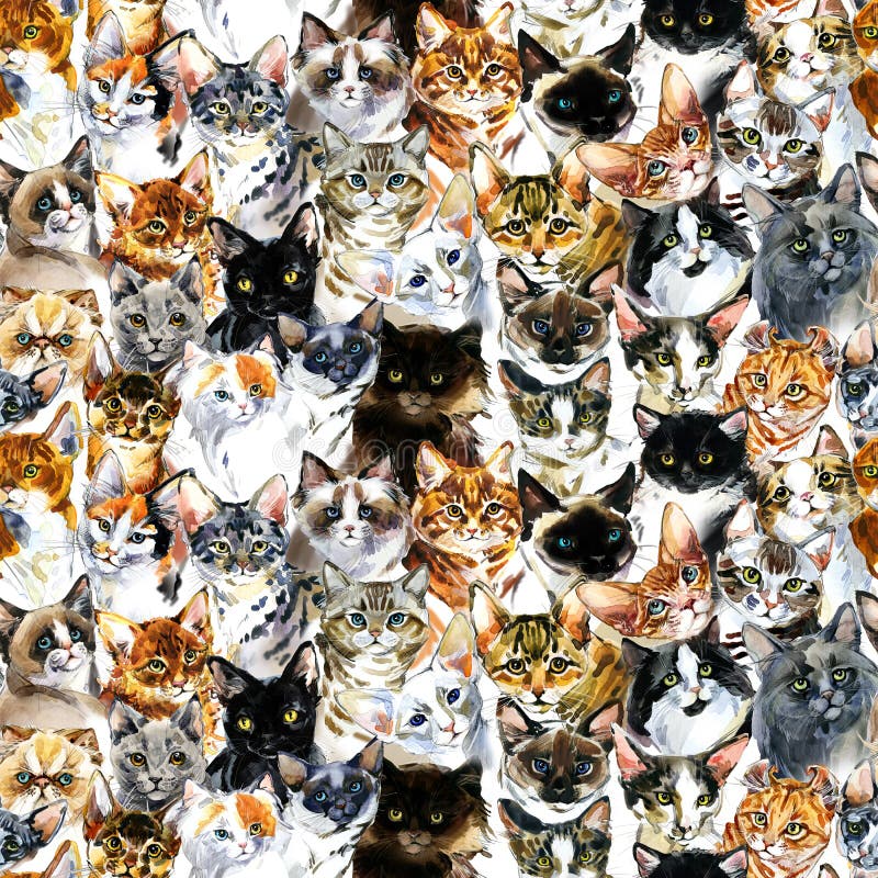 Cats Seamless Pattern for Textile. Watercolor Cat Print Stock ...