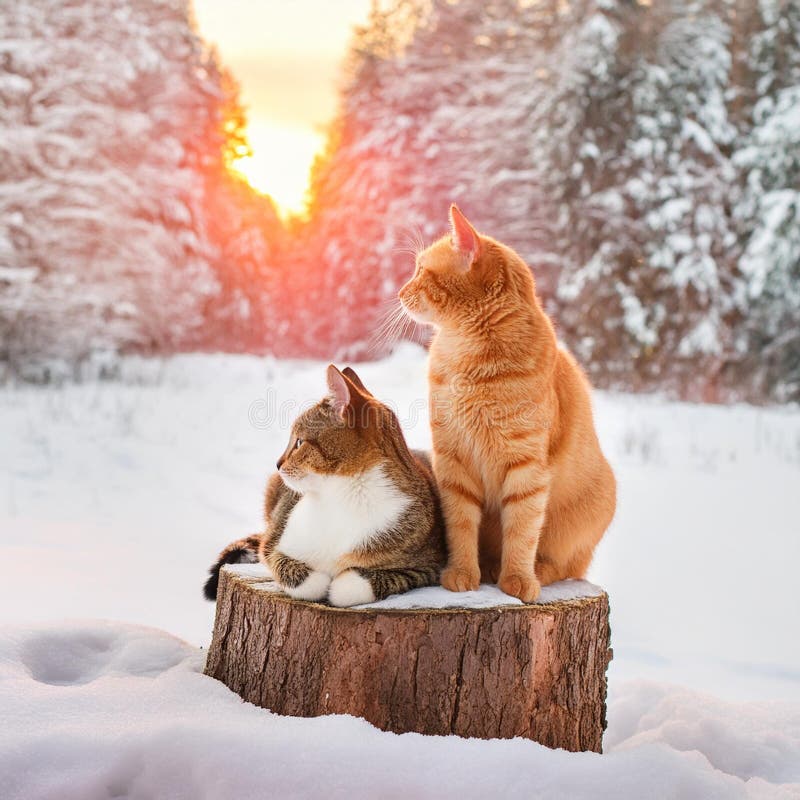 Cats Seating Tree Stump Winter Forest Snowfall Looking Sunset Stock ...