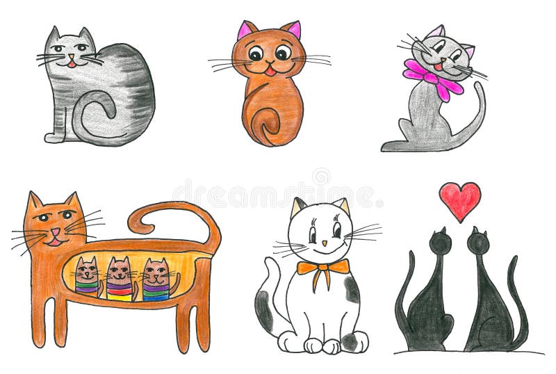 Cute Cats Set Cartoon Illustration Stock Vector - Illustration of ...