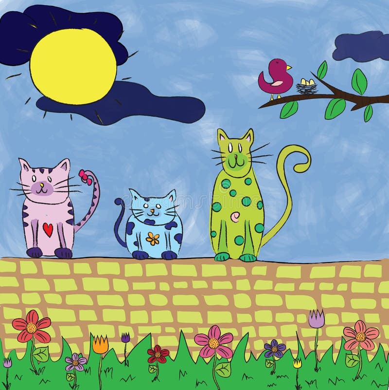 Cats in spring stock vector. Illustration of bird, blooming - 40144491