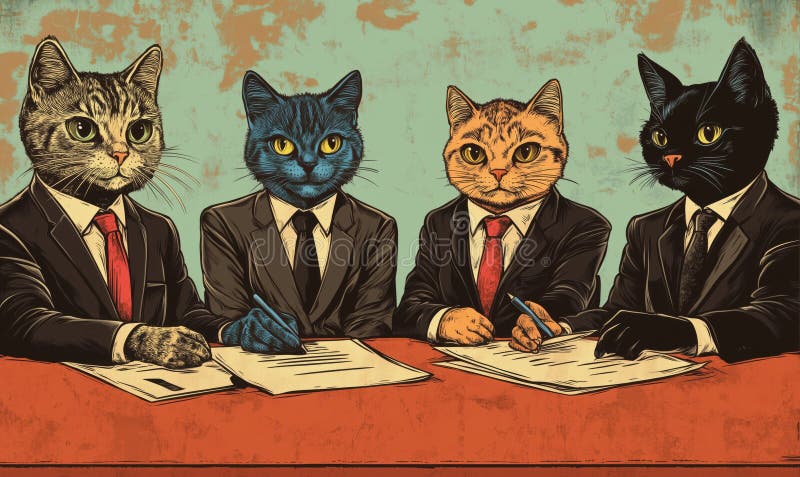 Cats in Suits Discussing Business at a Conference Table with Documents ...