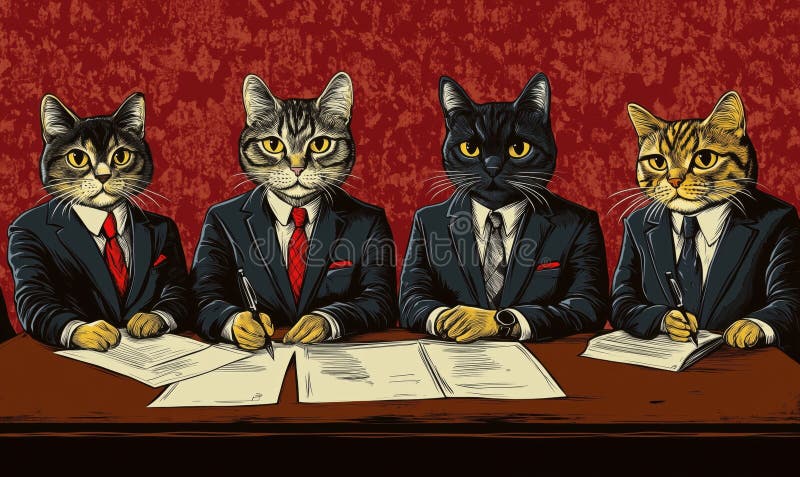 Cats in Suits Signing Documents at a Boardroom Table with a Vintage ...