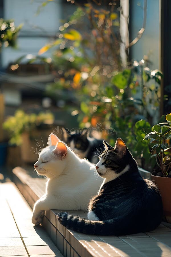 Cats Sunbathing on a Patio Captured in High Resolution with a Warm and ...