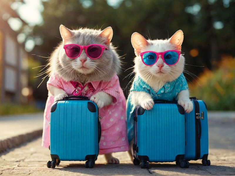 Cats, Well Dressed with Suitcases, are Going on Vacation. Satisfied ...