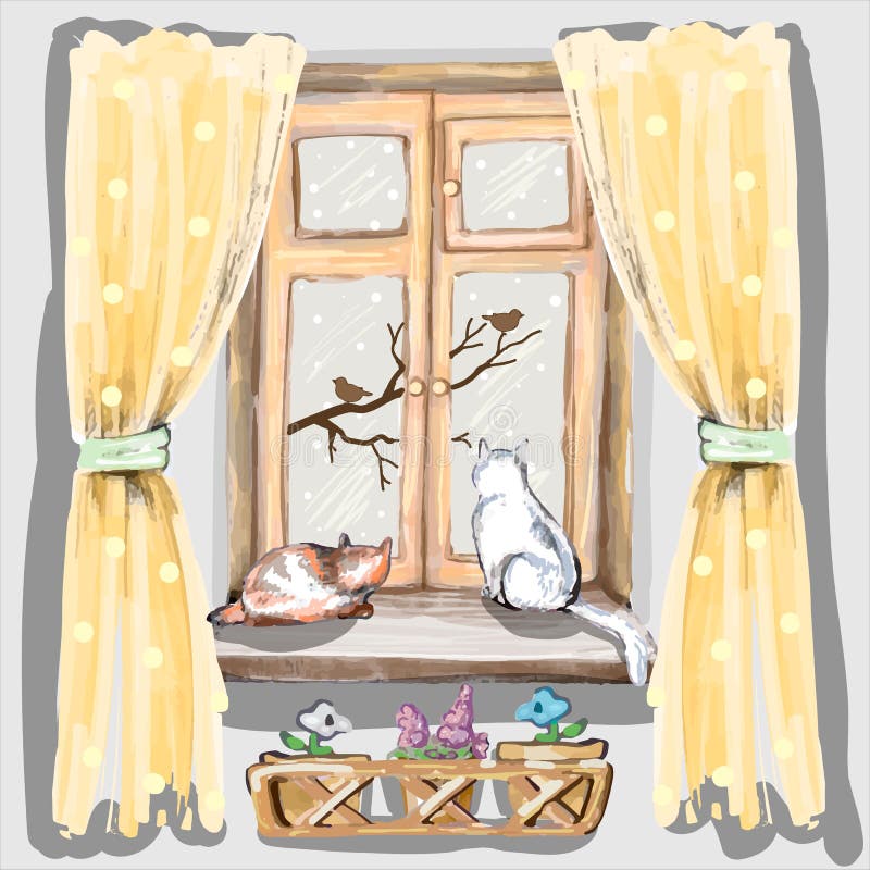 Cats on the window stock vector. Illustration of branch - 99291008