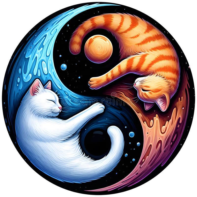 Cats Yin Yang Fantasy in Blue and Gold Stock Illustration ...