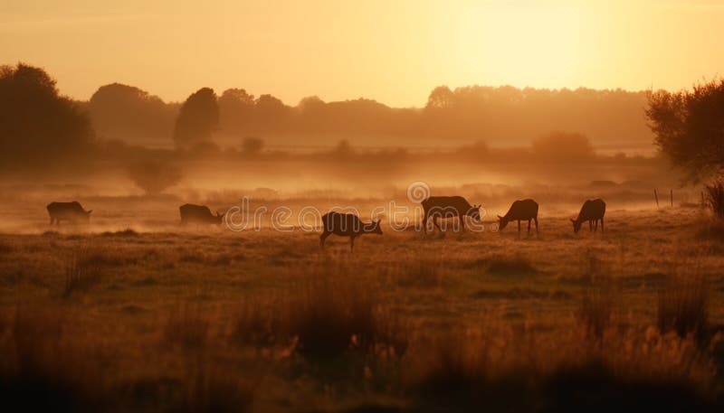 Cattle Grazing in Tranquil Meadow at Sunset Generated by AI Stock ...