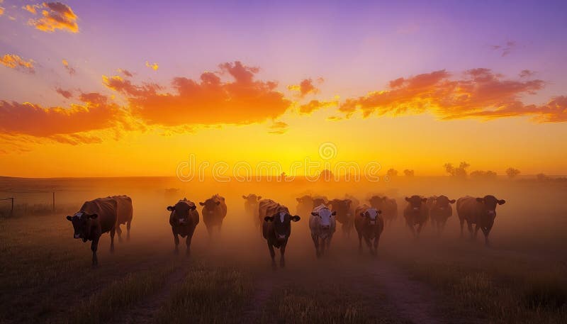 Cattle Walking in Dusty Field at Sunset Stock Image - Image of animal ...