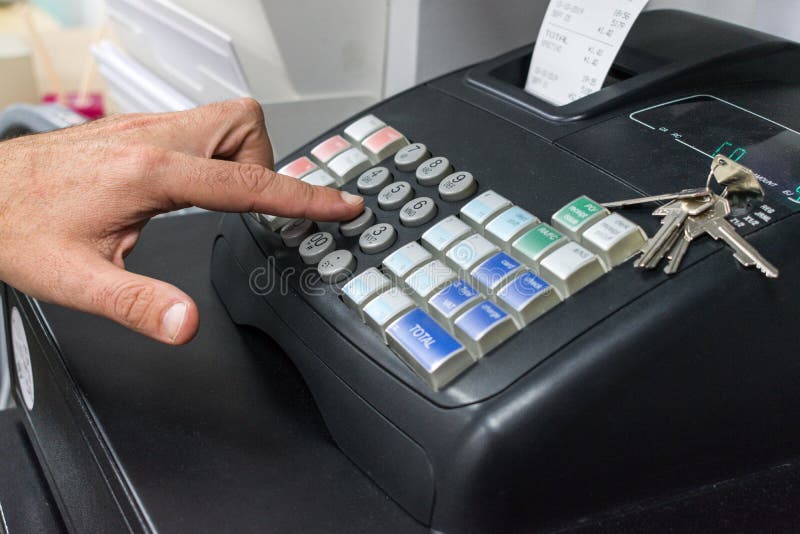 Caucasian Adult Man Hand at the Cash Register Control Panel Stock Photo ...