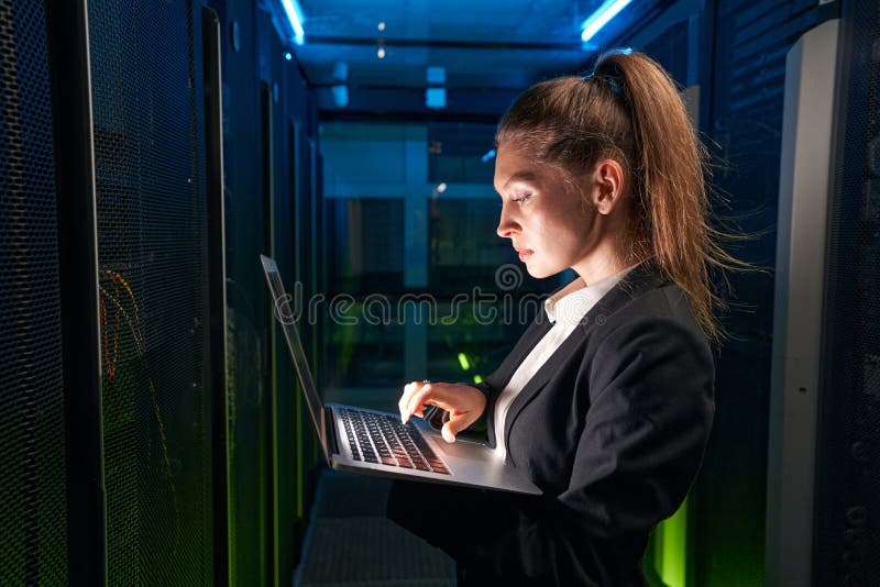 Caucasian Attractive Woman Use Laptop in Datacenter Stock Image - Image ...