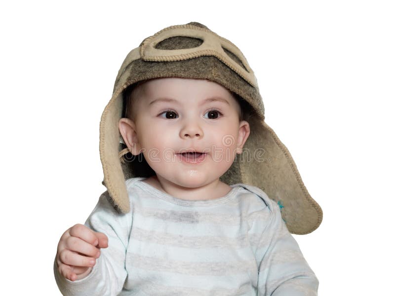 Caucasian Baby Boy in Pilot Hat Isolated Stock Image - Image of ...