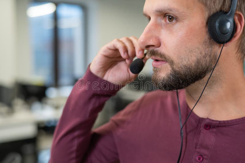 Caucasian Bearded Man with a Headset. Male Call Center Worker Stock ...