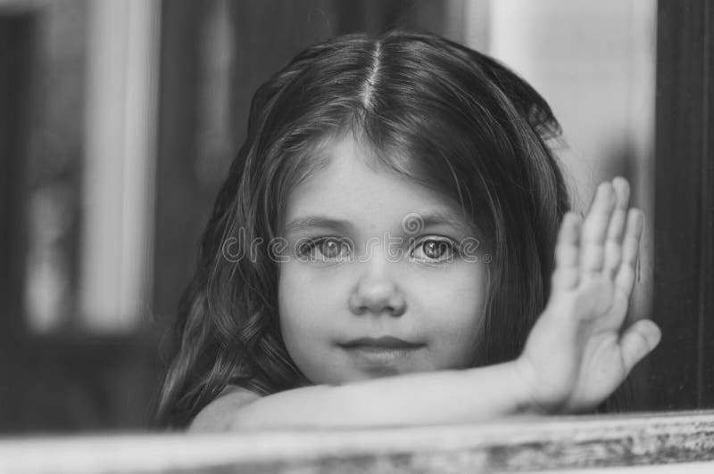 Caucasian Brunette Girl Put Her Hand To The Glass Black And White
