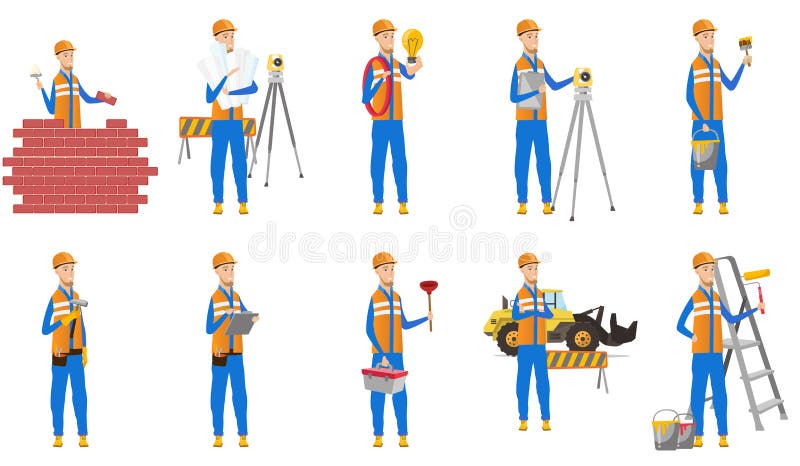 Caucasian Builder Vector Illustrations Set. Stock Vector - Illustration ...