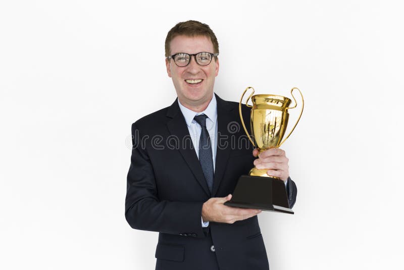 Caucasian Business Man Award Trophy Stock Photo - Image of achievement ...