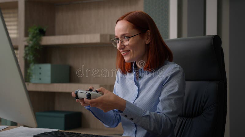 Caucasian Business Woman Office Worker at Workplace Break Pause Work Addicted Video Game Playing ...