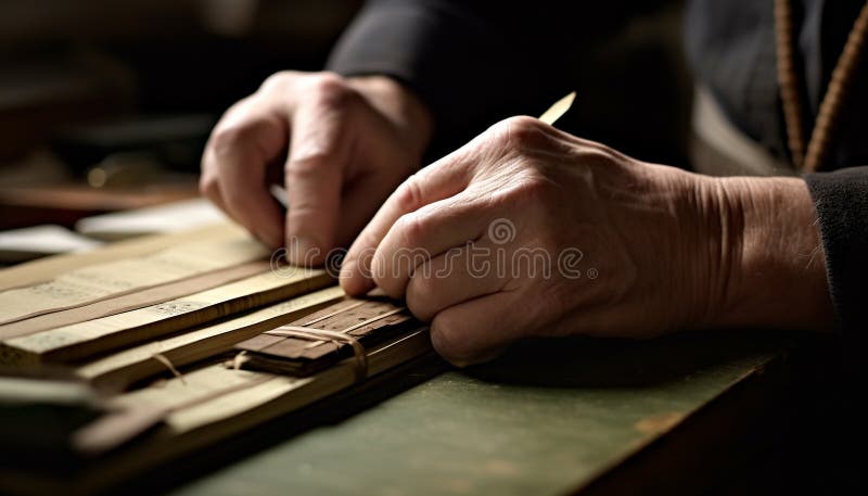 Caucasian Carpenter Hand Crafting Wood Plank with Work Tool Generated ...