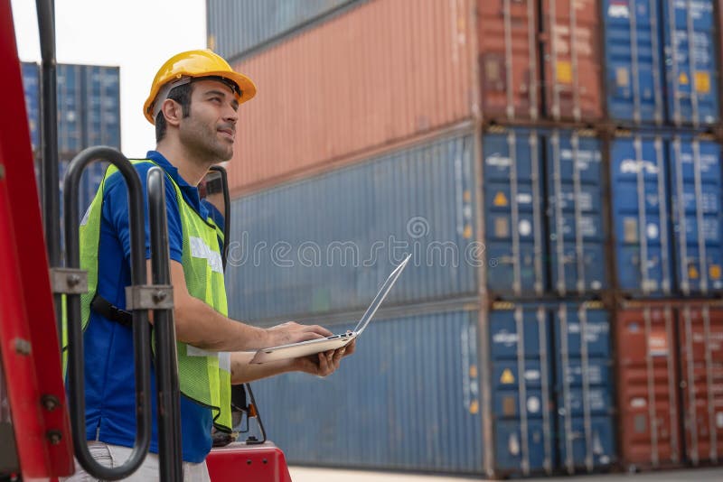 Caucasian Container Yard and Cargo Inspector at Work Checking Container ...