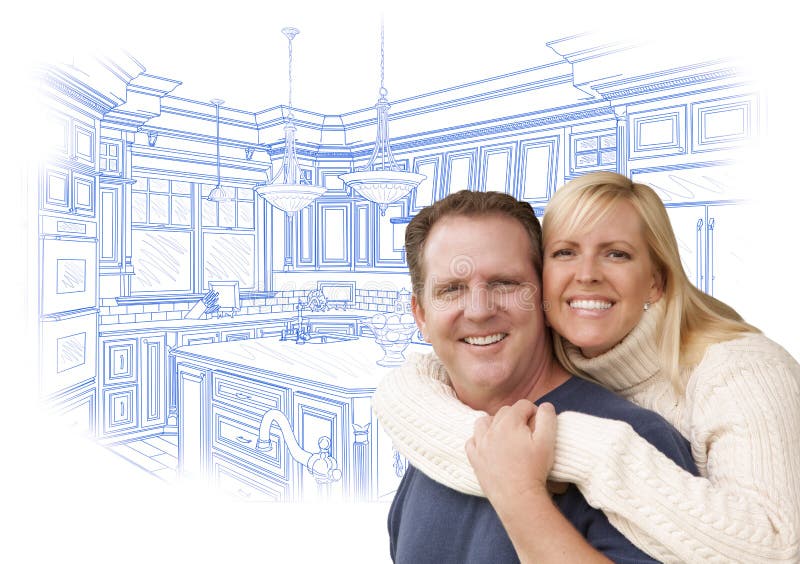 Caucasian Couple Hugging with Custom Kitchen Drawing Behind Stock Image ...