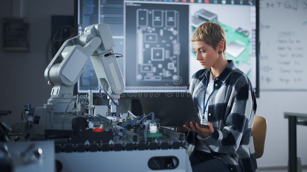 Caucasian Developer Writing Code at Laptop while Working with Robotic ...