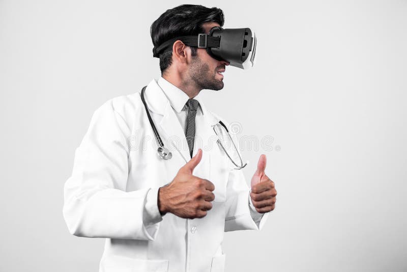 Caucasian Doctor Wearing VR Goggle while Explaining Medical Theory ...