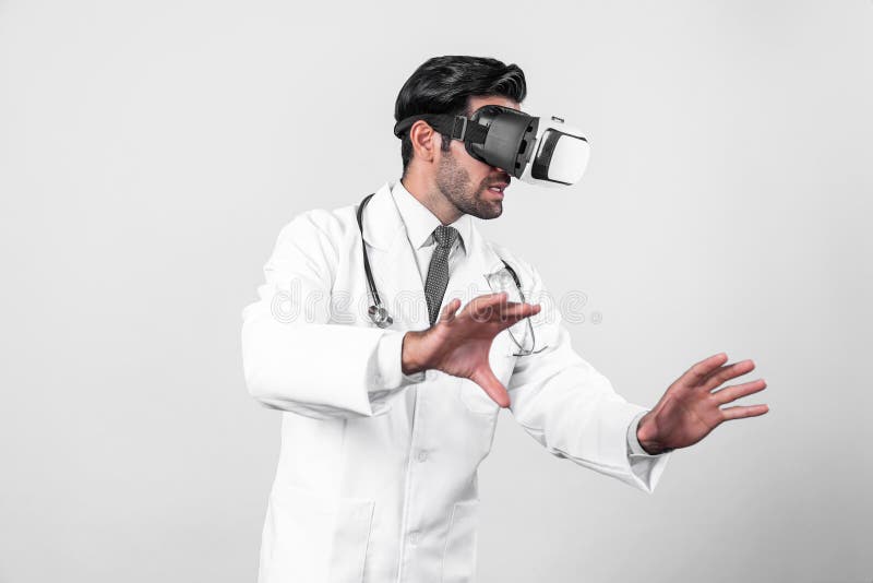 Caucasian Doctor Wearing VR Goggle while Explaining Medical Theory ...
