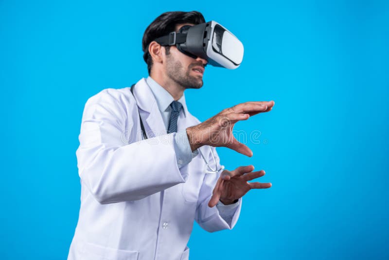 Caucasian Doctor Wearing VR Goggle while Explaining Medical Theory ...