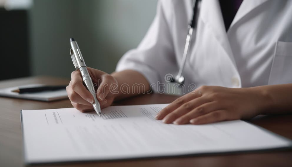 Caucasian Doctor Working at Desk, Holding Pen and Document Generated by ...