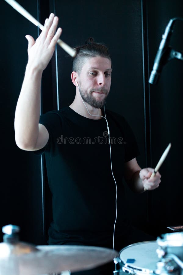 Caucasian Drummer Recording a Drum Part in a Recording Studio Stock ...