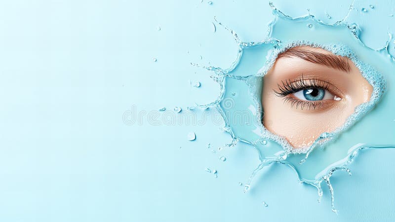 Caucasian Female Eye Peeking through Water Splash on Light Blue ...