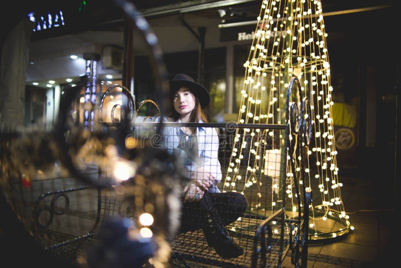 Caucasian Female Posing Outdoors at Night Stock Image - Image of night ...