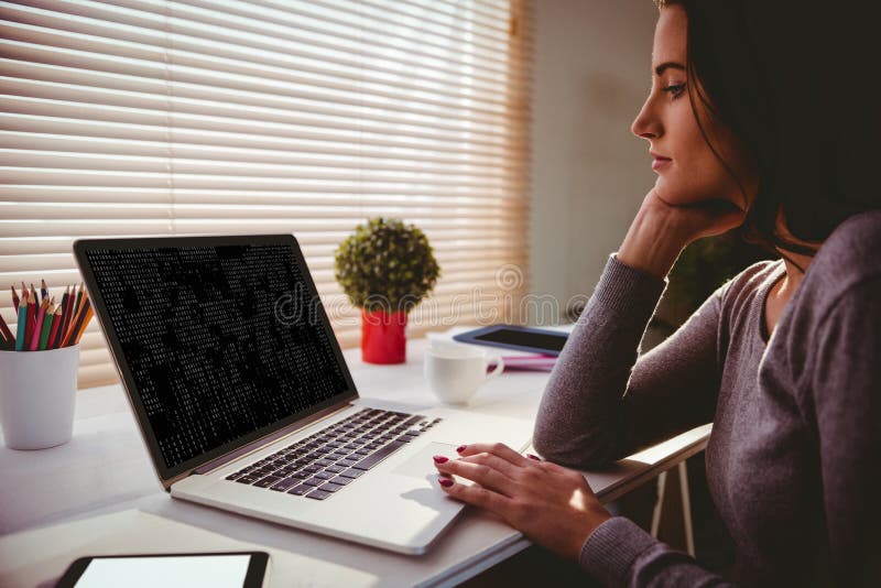 Caucasian Female Programmer Sitting at Desk, Using Laptop with Coding ...