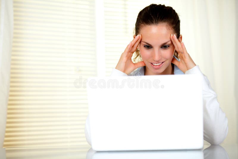 Caucasian Female Reading on Laptop Screen Stock Image - Image of pretty ...