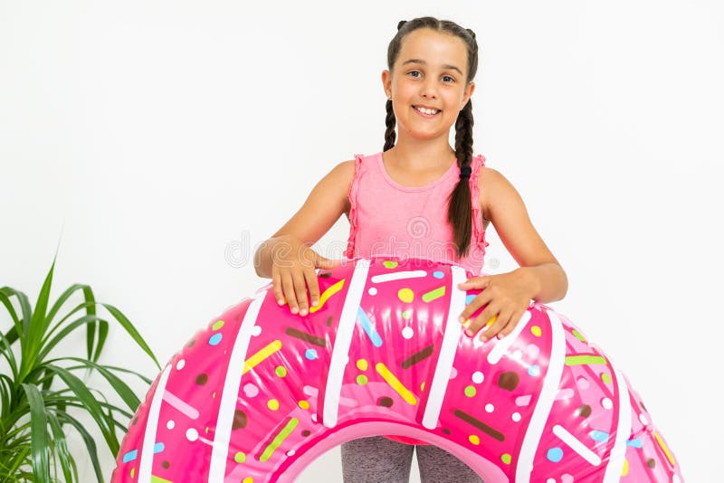 Caucasian Girl with Big Pink Rubber Ring. Stock Image - Image of suntan ...