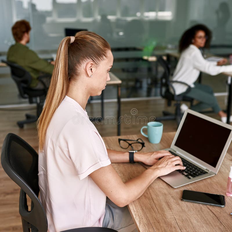 Caucasian Girl Type on Laptop Computer at Work Stock Photo - Image of ...
