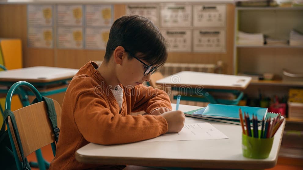 Caucasian Guy Boy Think Find Idea Ponder Difficult Task Writing Notes ...