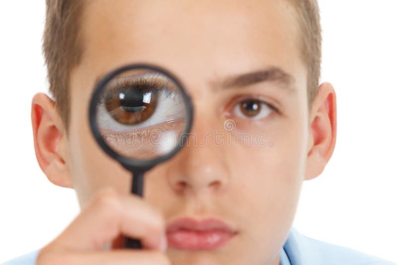 Caucasian Guy Looking through a Magnifying Glass Isolated on White ...