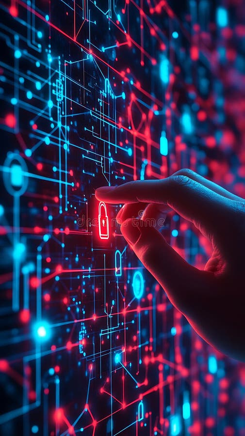 Caucasian Hand Touching Red Padlock Icon on Glowing Digital Data Matrix ...
