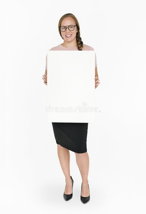 Caucasian Lady Holding Blank Paper Smiling Stock Image - Image of paper ...