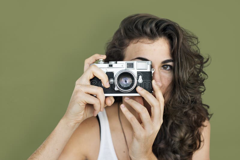 Caucasian Lady Holding Camera Concept Stock Photo - Image of woman ...